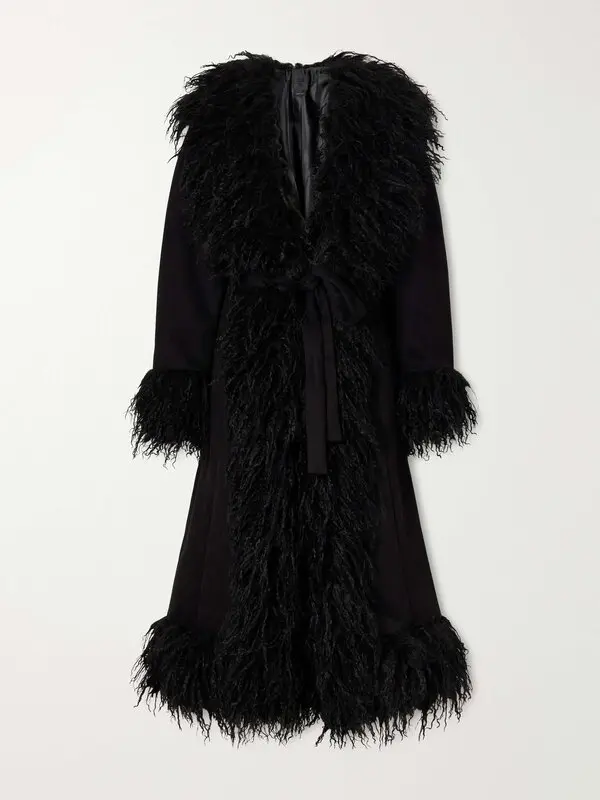 Anna Sui Belted Plush-trimmed Woven Coat
