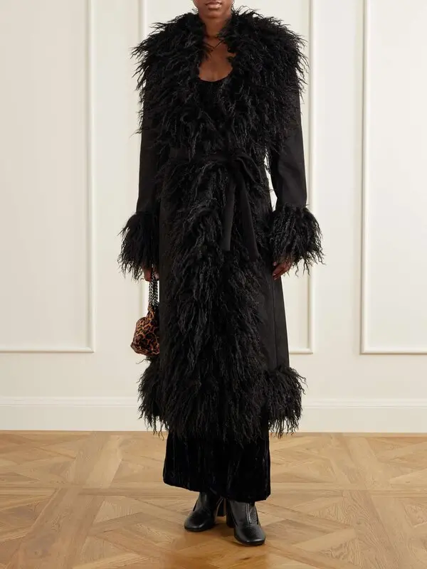Anna Sui Belted Plush-trimmed Woven Coat