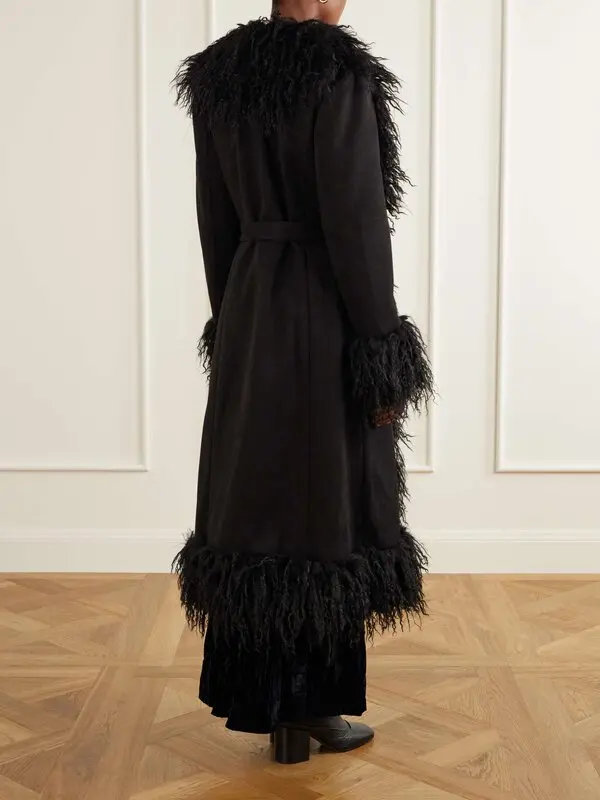 Anna Sui Belted Plush-trimmed Woven Coat