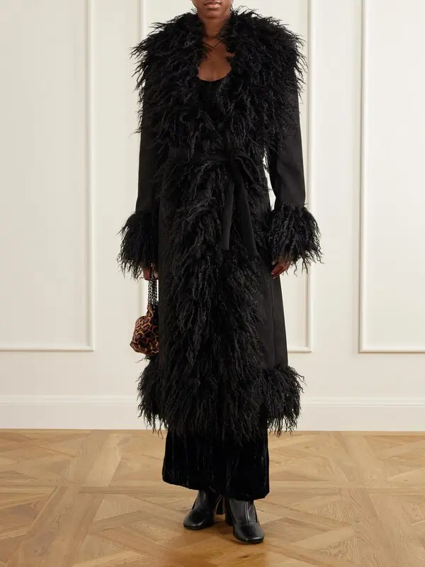 Anna Sui Belted Plush-trimmed Woven Coat