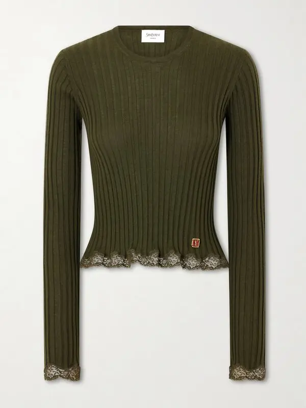 Saint Laurent Lace-trimmed Ribbed Wool, Cashmere And Silk-blend Knitwear - Green