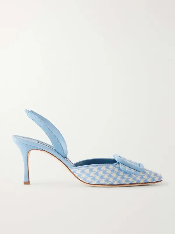 Manolo Blahnik Mayslibi 70 Suede-trimmed Houndstooth Slingback Pumps - Light Blue