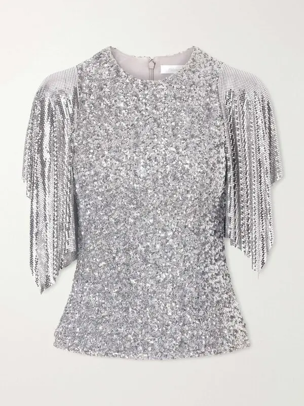 Rabanne Chainmail-trimmed Sequined Mesh Blouse