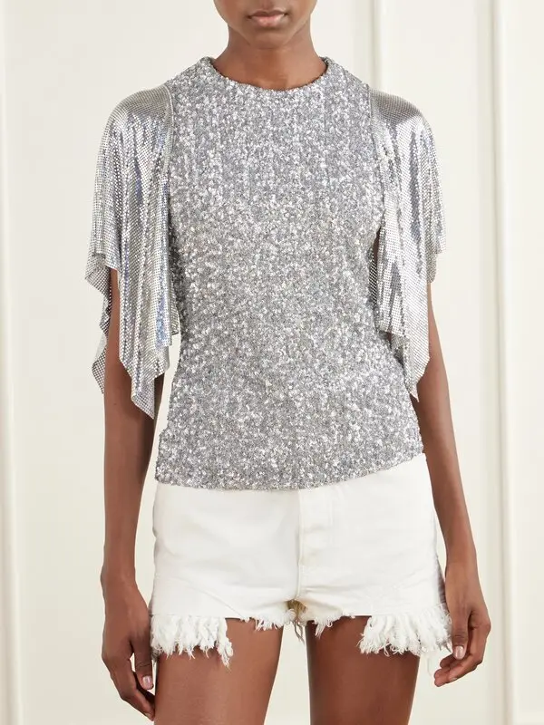 Rabanne Chainmail-trimmed Sequined Mesh Blouse - Silver