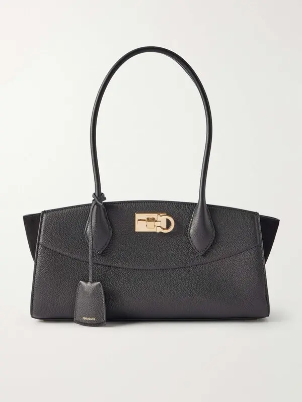 FERRAGAMO Studio East West Suede-trimmed Textured-leather Shoulder Bag