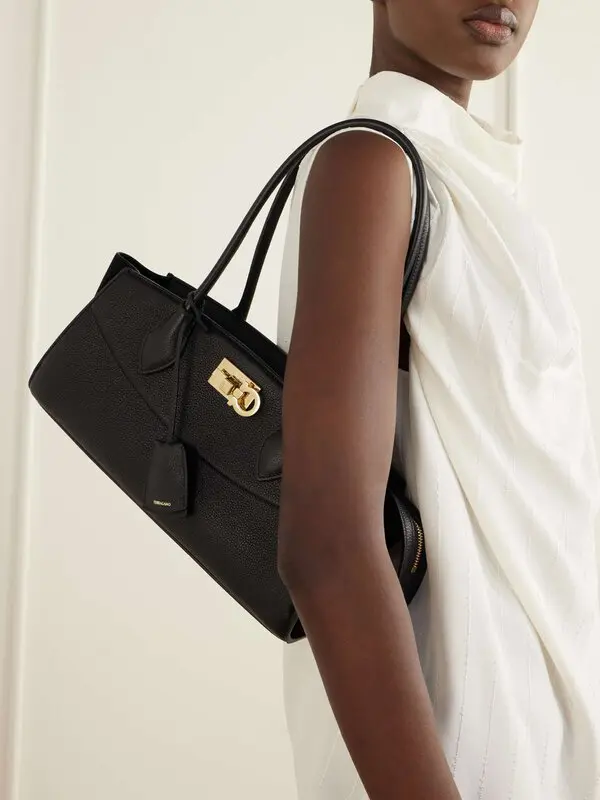 FERRAGAMO Studio East West Suede-trimmed Textured-leather Shoulder Bag