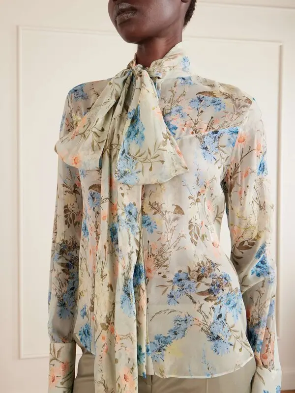 Alexander McQueen Pussy-bow Floral-print Silk-chiffon Blouse