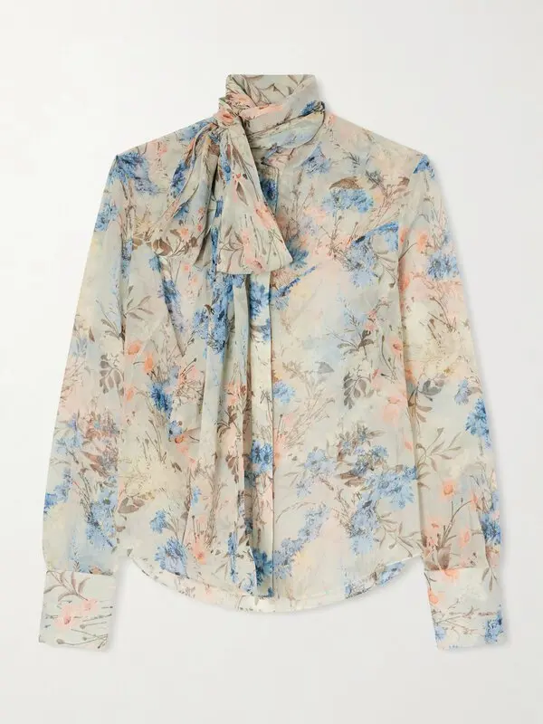 Alexander McQueen Pussy-bow Floral-print Silk-chiffon Blouse - Green