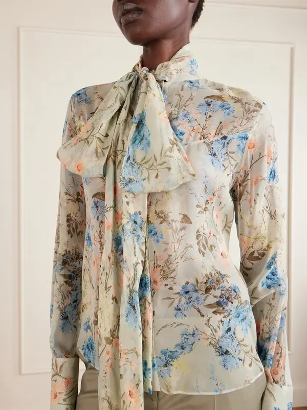 Alexander McQueen Pussy-bow Floral-print Silk-chiffon Blouse - Green