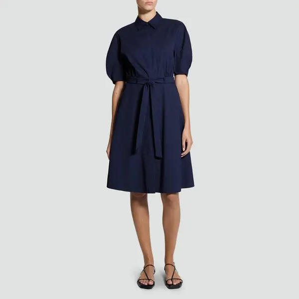 Theory Puff Sleeve Shirt Dress In Good Linen - Midnight Navy