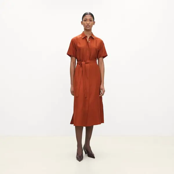 Theory Belted Shirt Dress In Mod Silk Twill - Umber