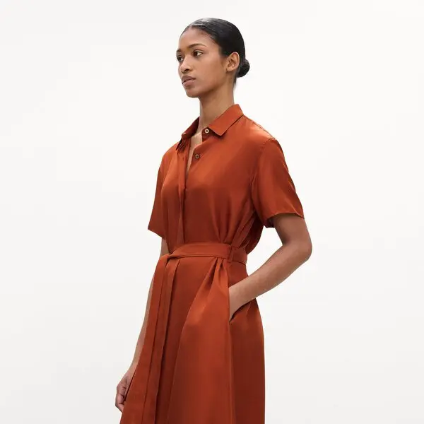 Theory Belted Shirt Dress In Mod Silk Twill - Umber