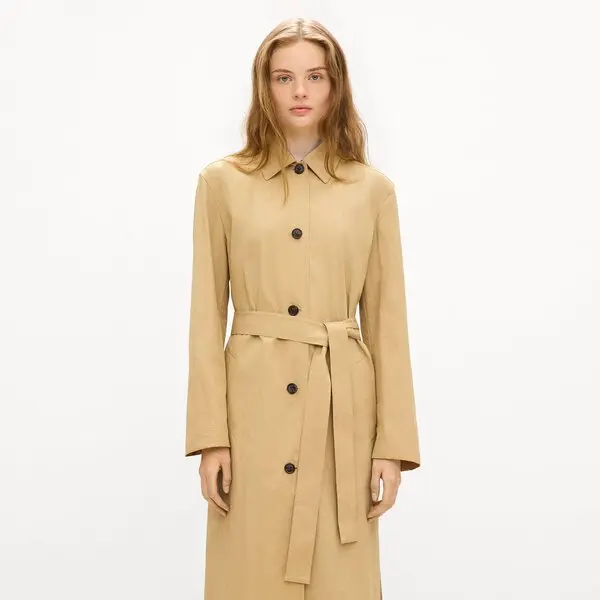 Theory Long Single-breasted Coat In Trench Cotton - Beige