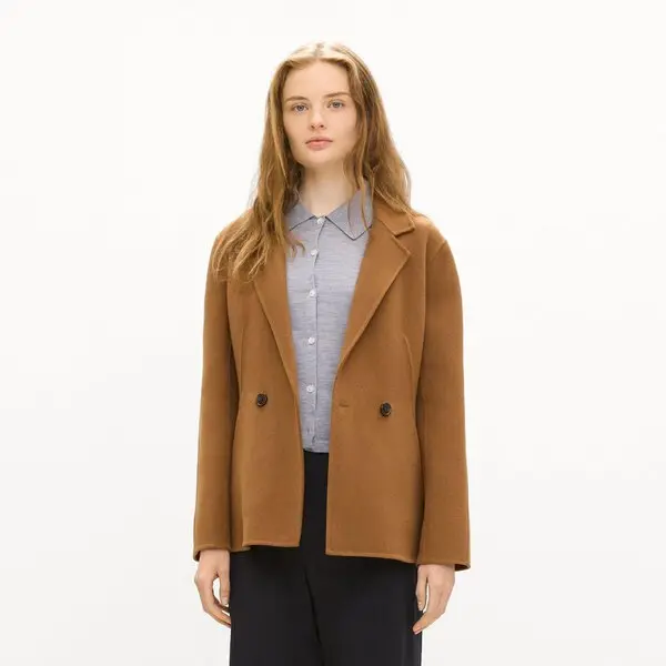 Theory Peplum Double-breasted Blazer In Double-face Wool-cashmere - Acacia Brown