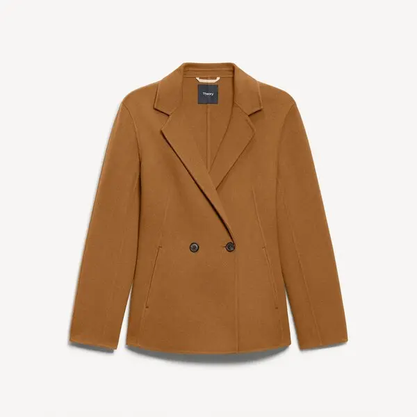 Theory Peplum Double-breasted Blazer In Double-face Wool-cashmere - Acacia Brown