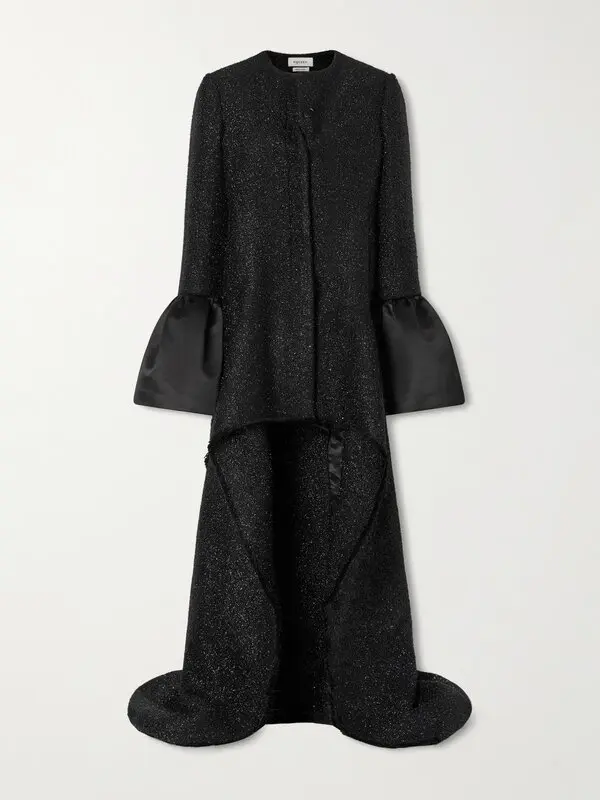 Alexander McQueen Asymmetric Satin-trimmed Metallic Long Coat - Black