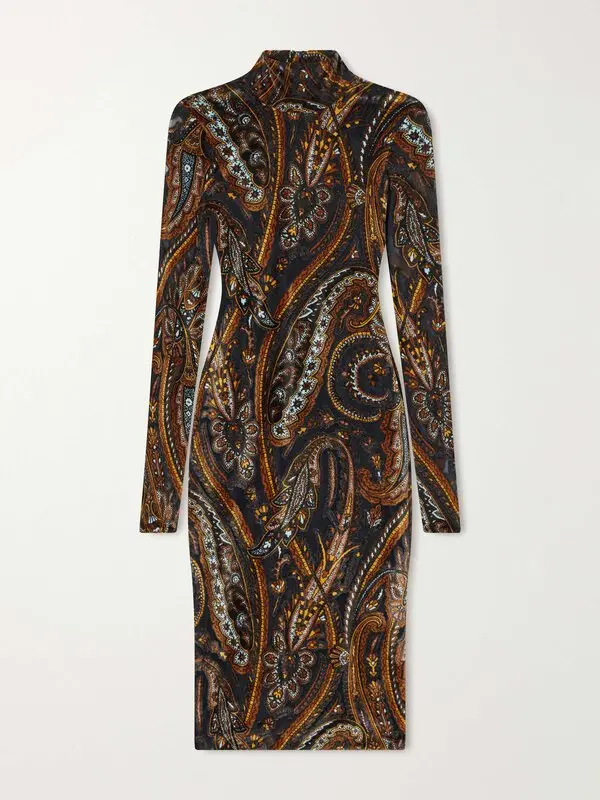 Etro Printed Stretch-velvet Knee-length Dress - Brown