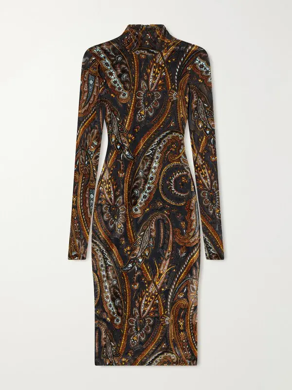 Etro Printed Stretch-velvet Knee-length Dress - Brown