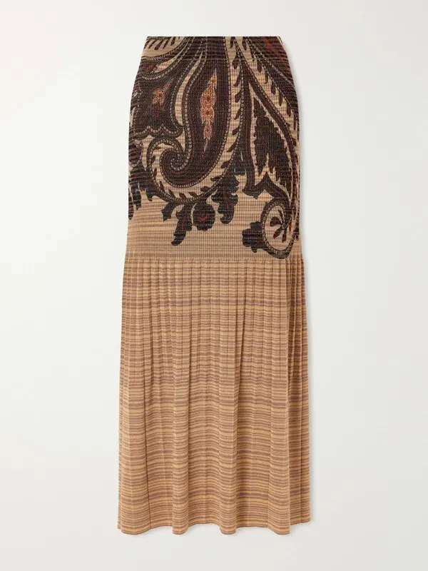 Etro Paisley Printed Plissé-knit Midi Skirt - Beige