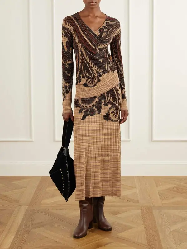 Etro Paisley Printed Plissé-knit Midi Skirt