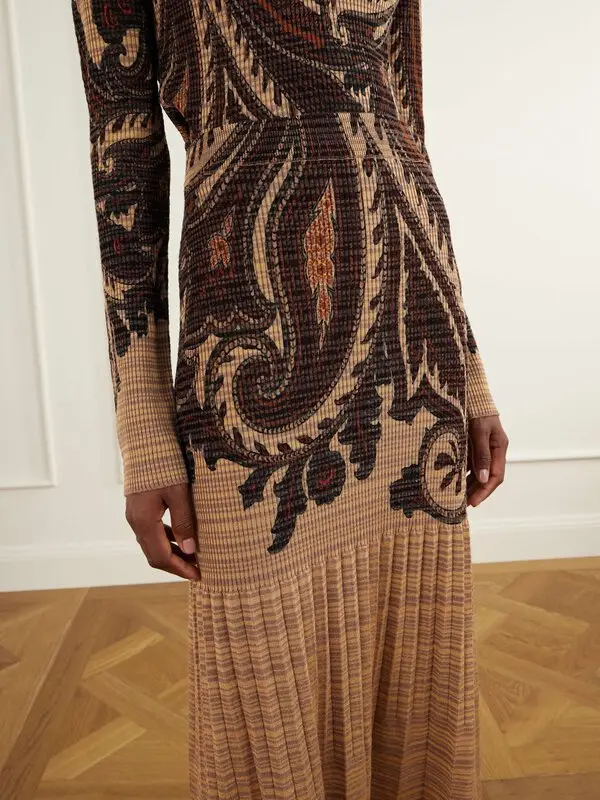 Etro Paisley Printed Plissé-knit Midi Skirt