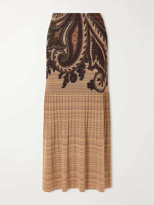 Etro Paisley Printed Plissé-knit Midi Skirt