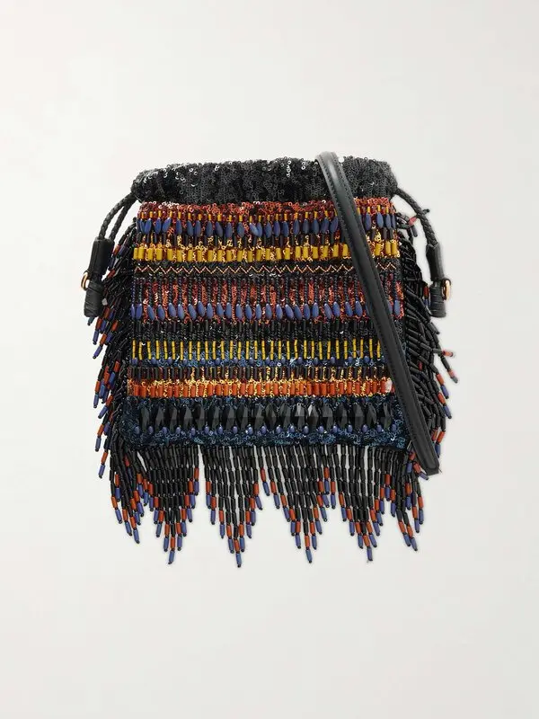 Etro Kalispera Fringed Bead-embellished Leather-trimmed Sequined Drawstring Bag - Black