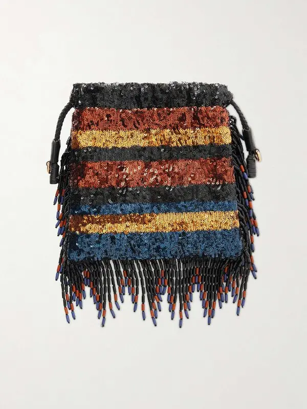 Etro Kalispera Fringed Bead-embellished Leather-trimmed Sequined Drawstring Bag