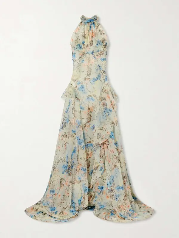 Alexander McQueen Floral-print Pleated Silk-organza Maxi Dress - Green