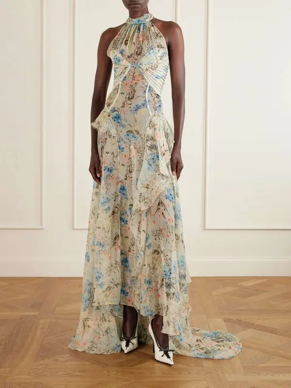 Alexander McQueen Floral-print Pleated Silk-organza Maxi Dress