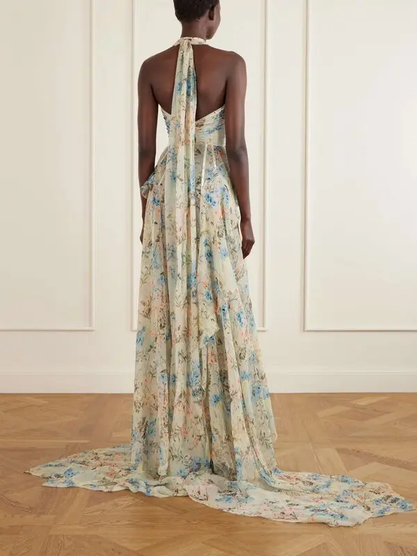 Alexander McQueen Floral-print Pleated Silk-organza Maxi Dress
