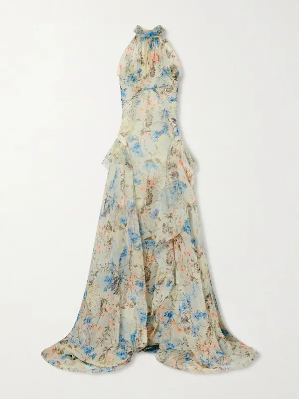 Alexander McQueen Floral-print Pleated Silk-organza Maxi Dress - Green