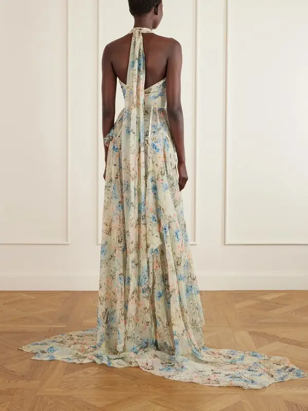 Alexander McQueen Floral-print Pleated Silk-organza Maxi Dress - Green