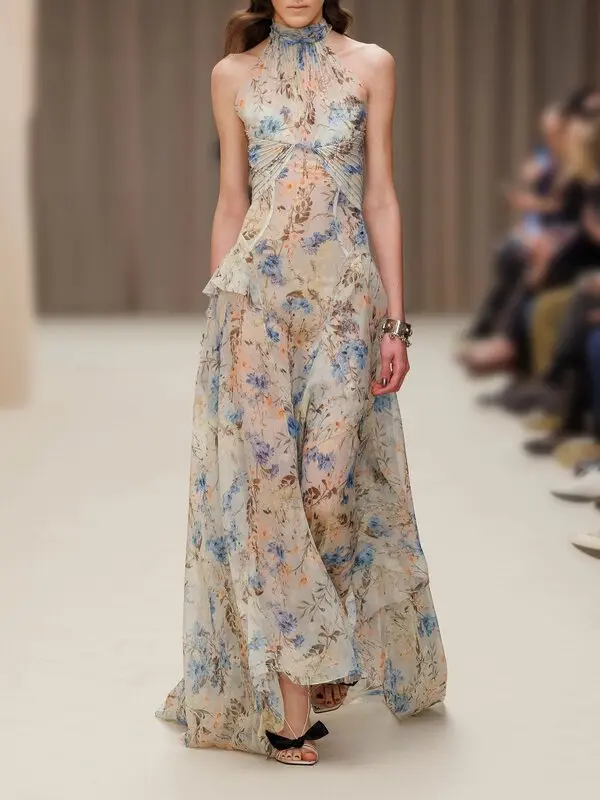 Alexander McQueen Floral-print Pleated Silk-organza Maxi Dress - Green