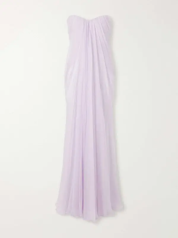 Alexander McQueen Strapless Draped Silk Bustier Maxi Dress