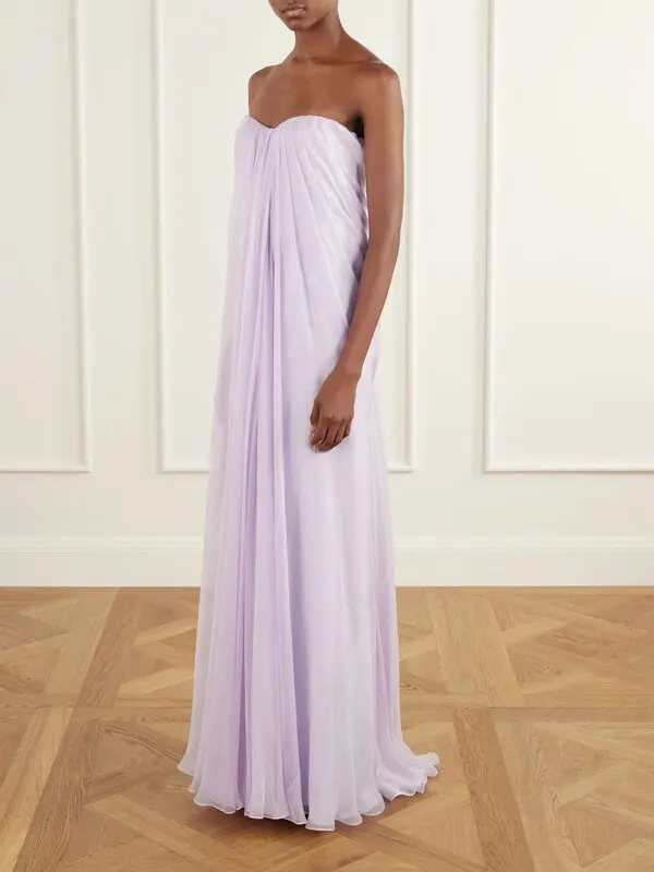 Alexander McQueen Strapless Draped Silk Bustier Maxi Dress