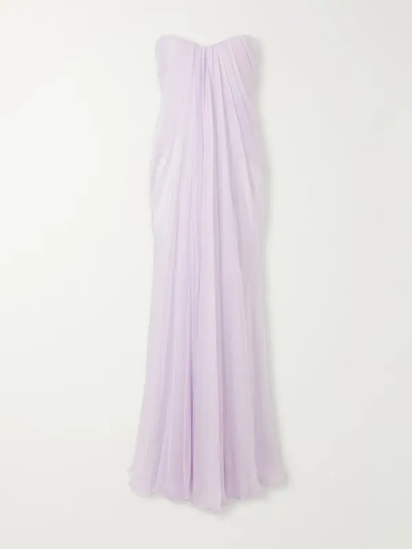 Alexander McQueen Strapless Draped Silk Bustier Maxi Dress - Purple