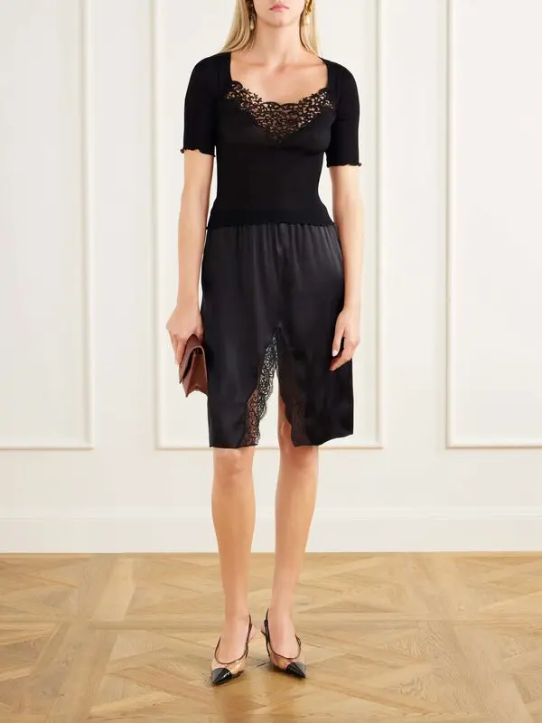Saint Laurent Lace-trimmed Silk-satin Midi Skirt