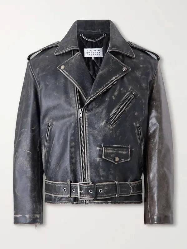 MAISON MARGIELA Belted Distressed Leather Biker Jacket - Brown