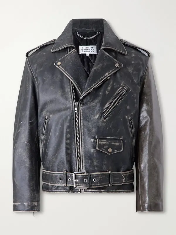MAISON MARGIELA Belted Distressed Leather Biker Jacket - Brown