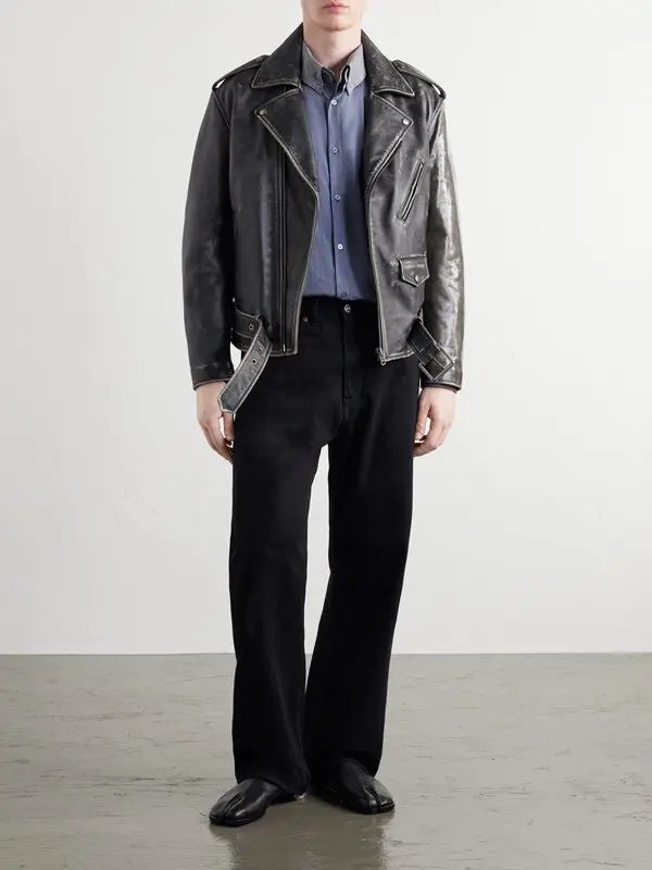 MAISON MARGIELA Belted Distressed Leather Biker Jacket - Brown