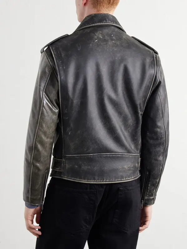 MAISON MARGIELA Belted Distressed Leather Biker Jacket - Brown