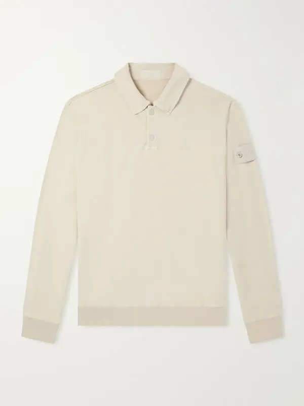Stone Island Ghost Logo-appliquéd Garment-dyed Stretch Cotton-fleece Polo Shirt - Neutrals