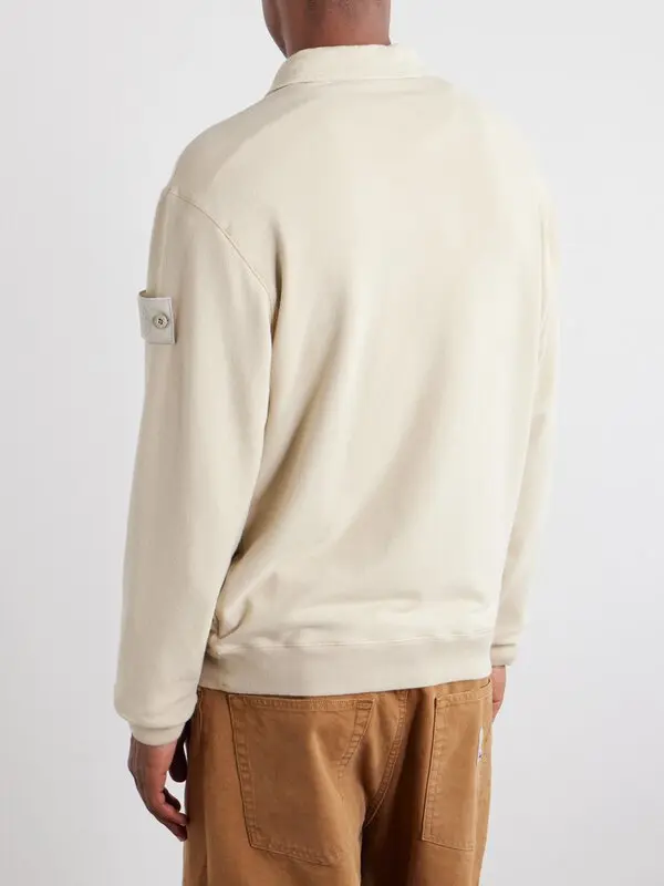 Stone Island Ghost Logo-appliquéd Garment-dyed Stretch Cotton-fleece Polo Shirt - Neutrals
