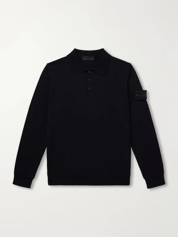 Stone Island Ghost Knitted Virgin Wool Polo Sweater - Black