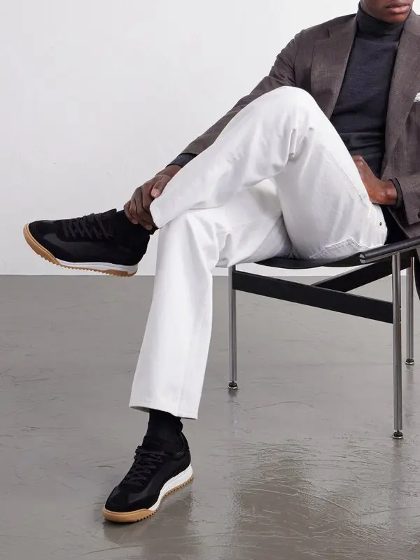 Kiton Logo-embroidered Suede-trimmed Stretch-knit Sneakers