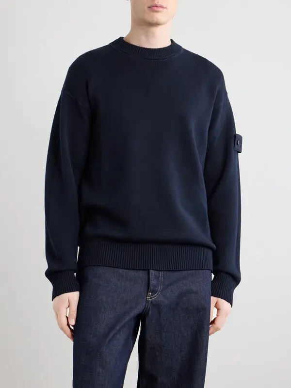 Stone Island Ghost Logo-appliquéd Cotton And Cashmere-blend Sweater - Blue