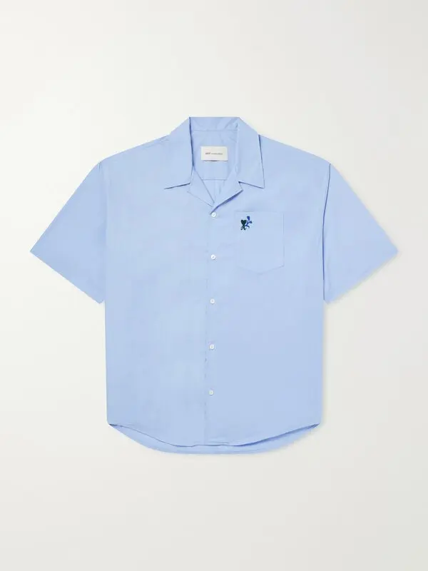 AMI Paris Logo-embroidered Cotton-poplin Shirt - Blue