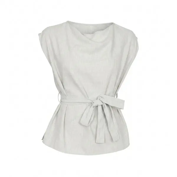 MODENAIRE Draped Neck Cap Sleeve Self Tie Waist Top - Grey