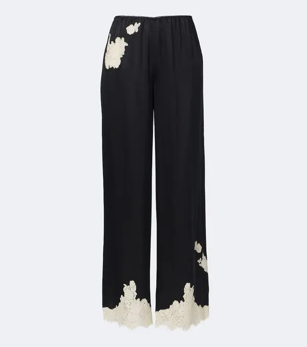 DÔEN Lavon Lace-trimmed Silk Satin Straight Pants - Black